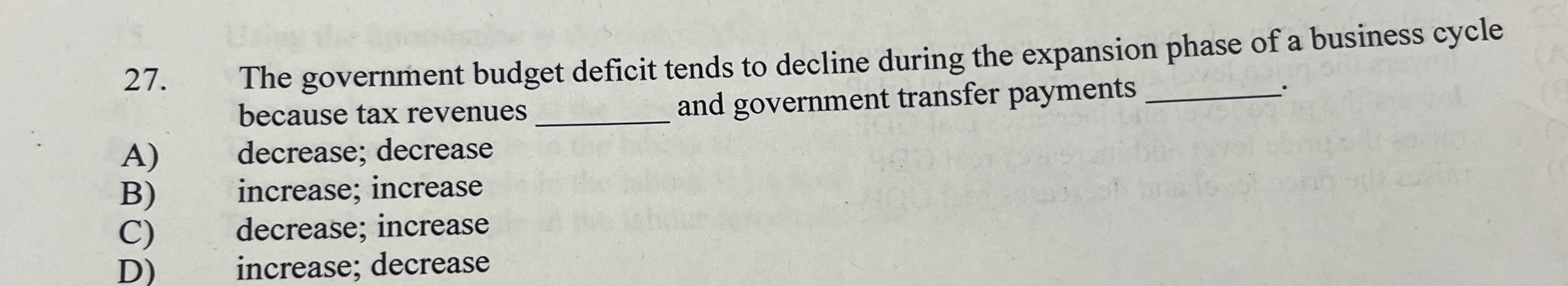 Solved The government budget deficit tends to decline during | Chegg.com