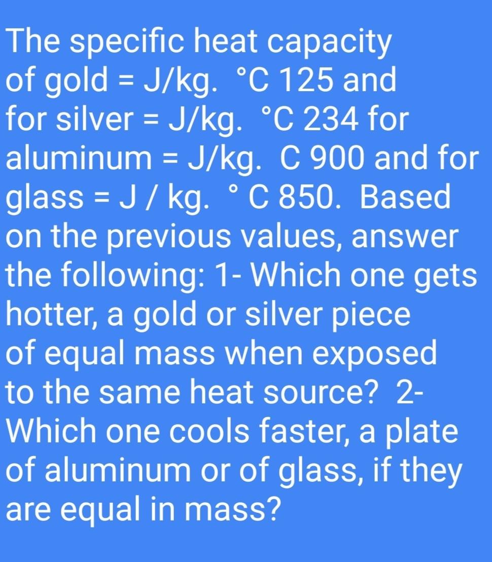 Solved The specific heat capacity of gold = J/kg. °C 125 and | Chegg.com