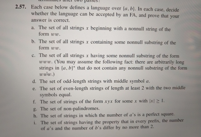 Solved 2.57. ﻿Each case below defines a language over {a,b}. | Chegg.com
