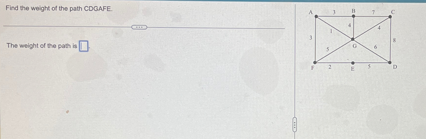 Solved Find the weight of the path CDGAFE.The weight of the | Chegg.com