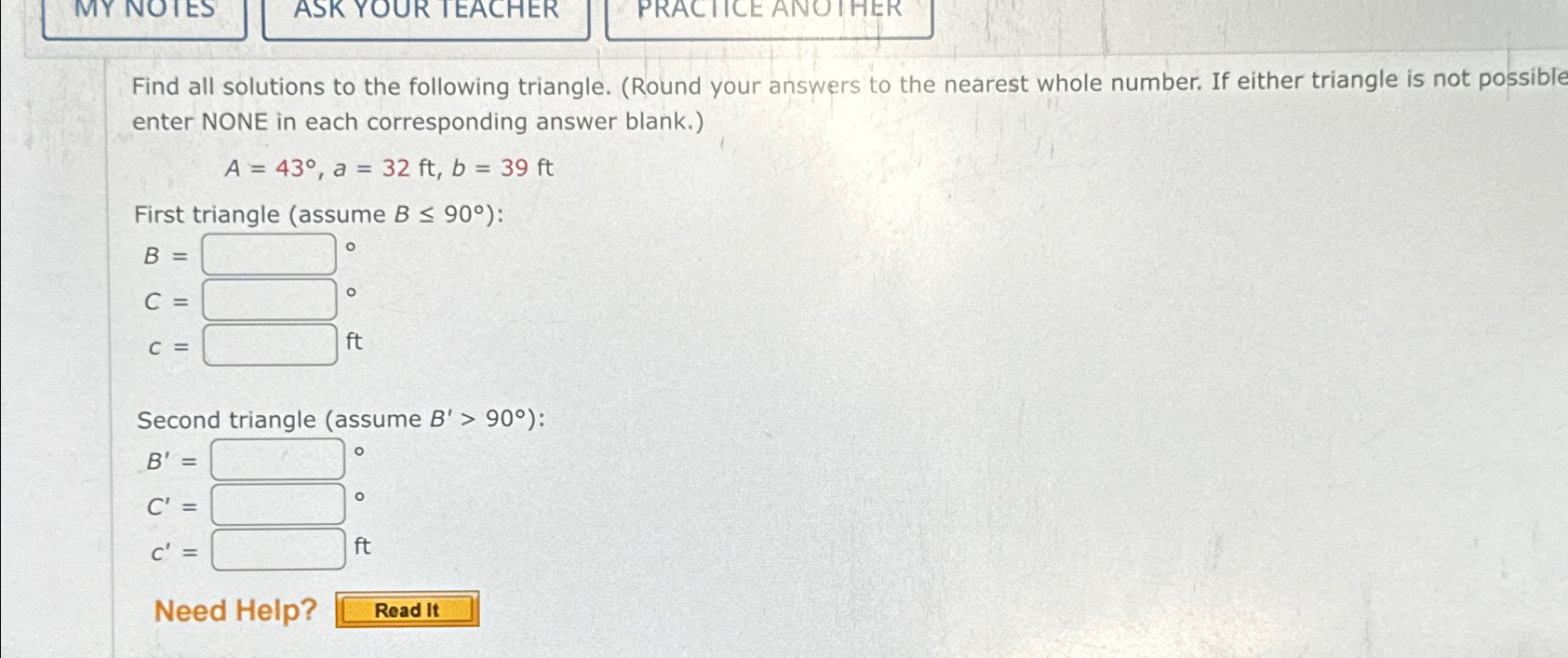 Solved Find all solutions to the following triangle. (Round | Chegg.com