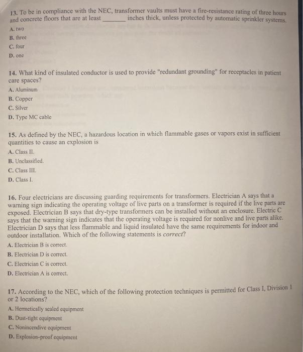 Solved 13. To be in compliance with the NEC, transformer | Chegg.com