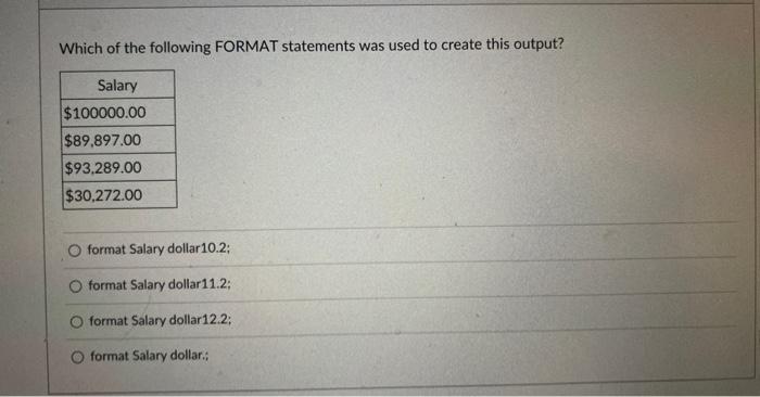 Solved Which of the following FORMAT statements was used to | Chegg.com