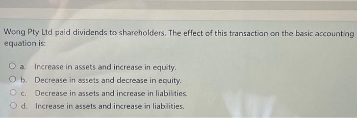 Solved Wong Pty Ltd paid dividends to shareholders. The | Chegg.com