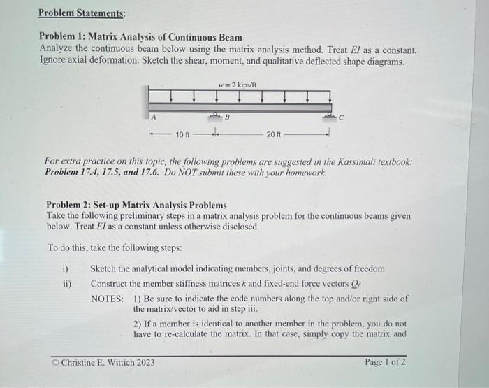 Solved Problem 1: Matrix Analysis of Continuous Beam Analyze | Chegg.com