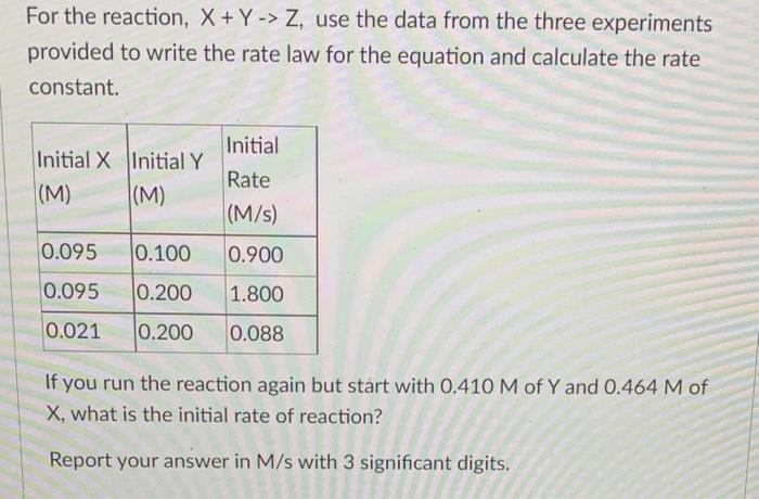 Solved For the reaction, X+Y→Z, use the data from the three | Chegg.com
