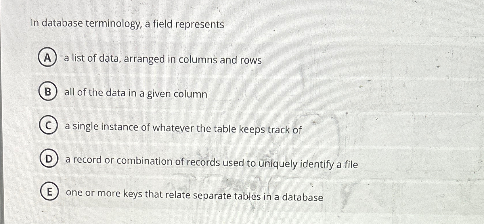 Solved In database terminology, a field representsa list of | Chegg.com