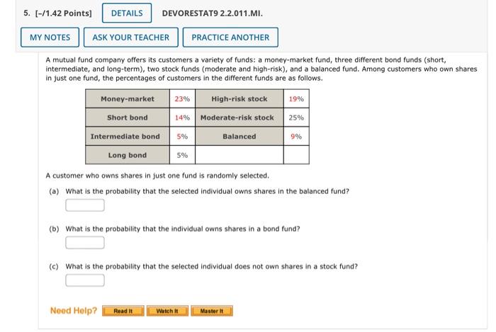 Solved A mutual fund company offers its customers a variety | Chegg.com