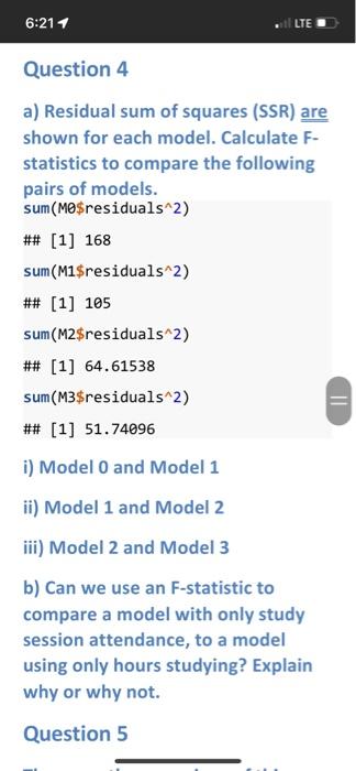 Solved Question 4 a) Residual sum of squares (SSR) are shown | Chegg.com