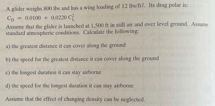 Solved A glider weighs 800 lbs and has a wing loading of 12 | Chegg.com