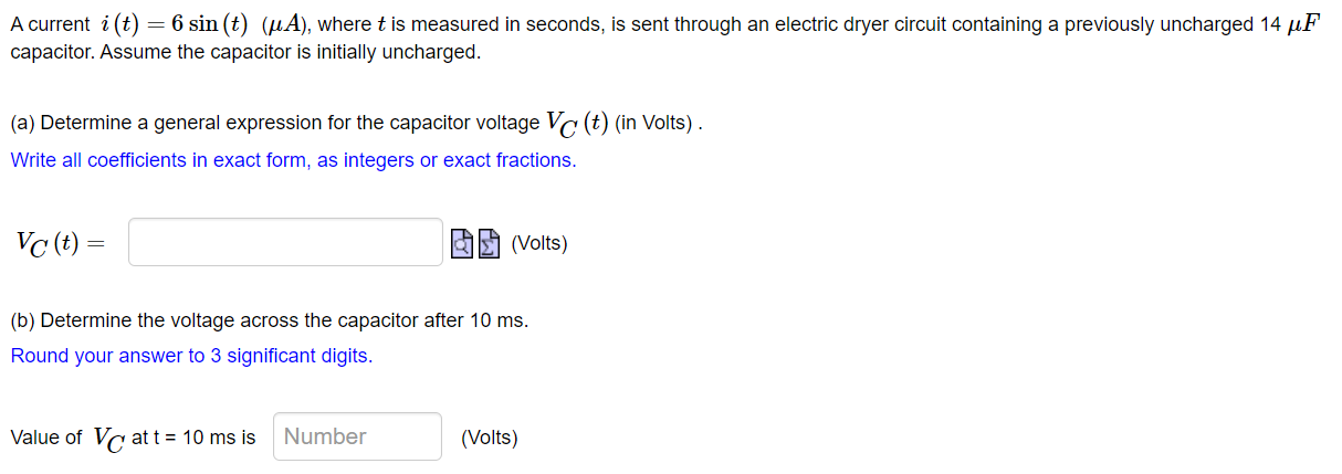 Solved A current i(t)=6sin(t)(μA), ﻿where t ﻿is measured in | Chegg.com
