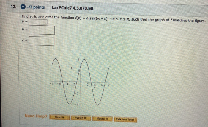 Solved Find a, b, and c for the function f(x) =a sin(bx - | Chegg.com