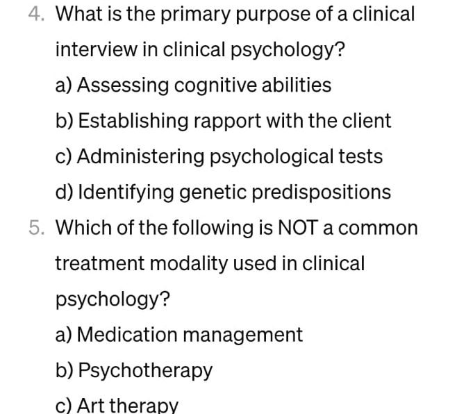 Solved What is the primary purpose of a clinical interview | Chegg.com