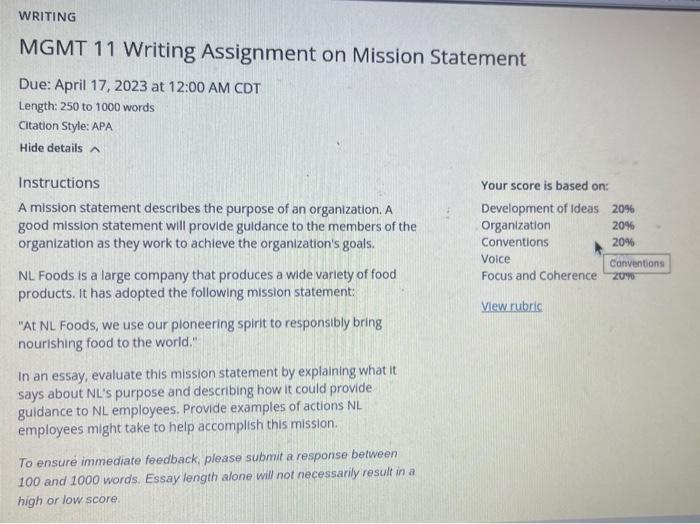 Solved MGMT 11 Writing Assignment on Mission Due: April 17, | Chegg.com