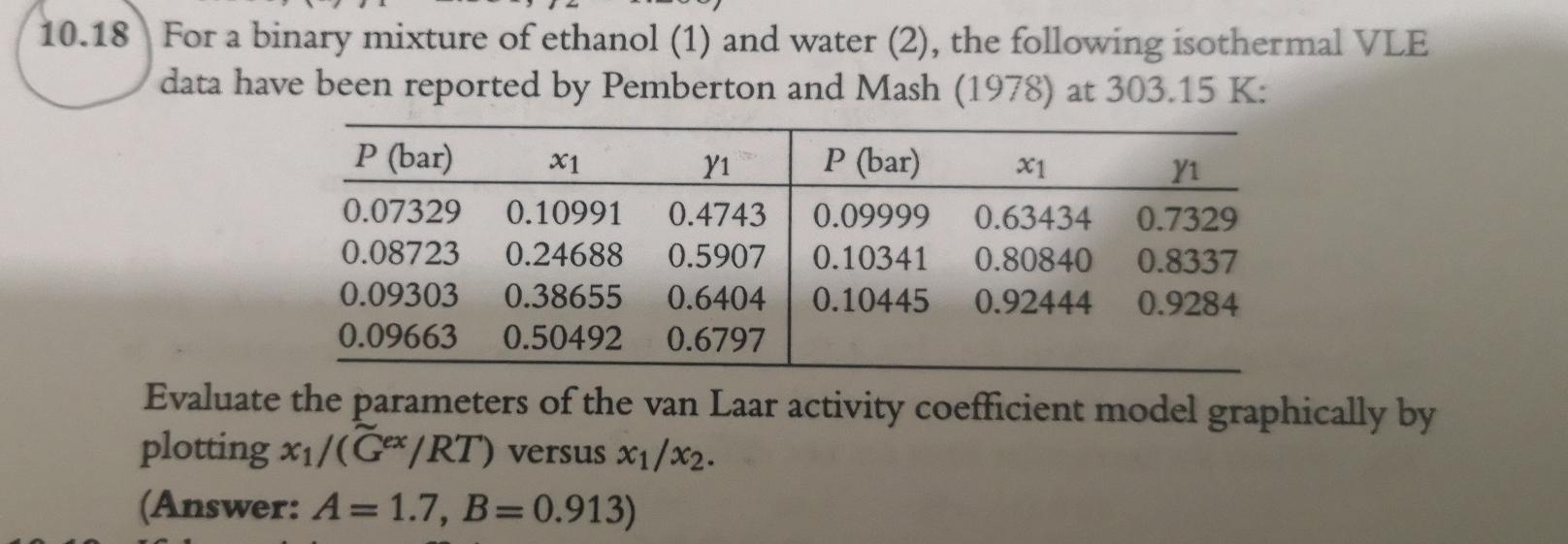 10.18 ﻿For a binary mixture of ethanol (1) ﻿and water | Chegg.com