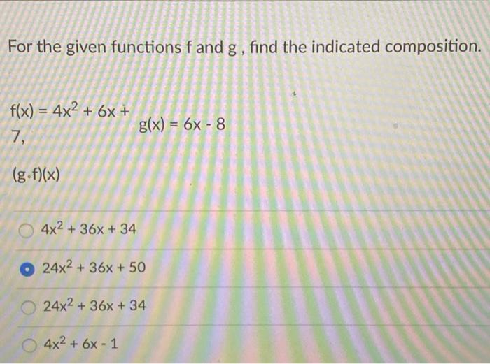 Solved For the given functions f and g, find the indicated | Chegg.com