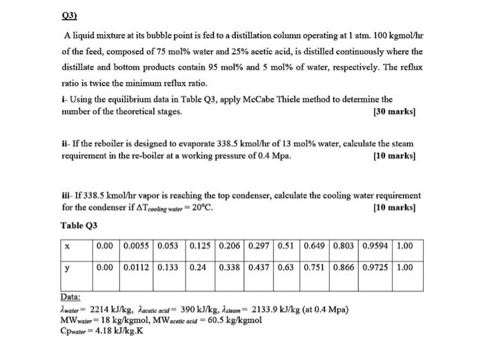 Solved Q3) A liquid mixture at its bubble point is fed to a | Chegg.com