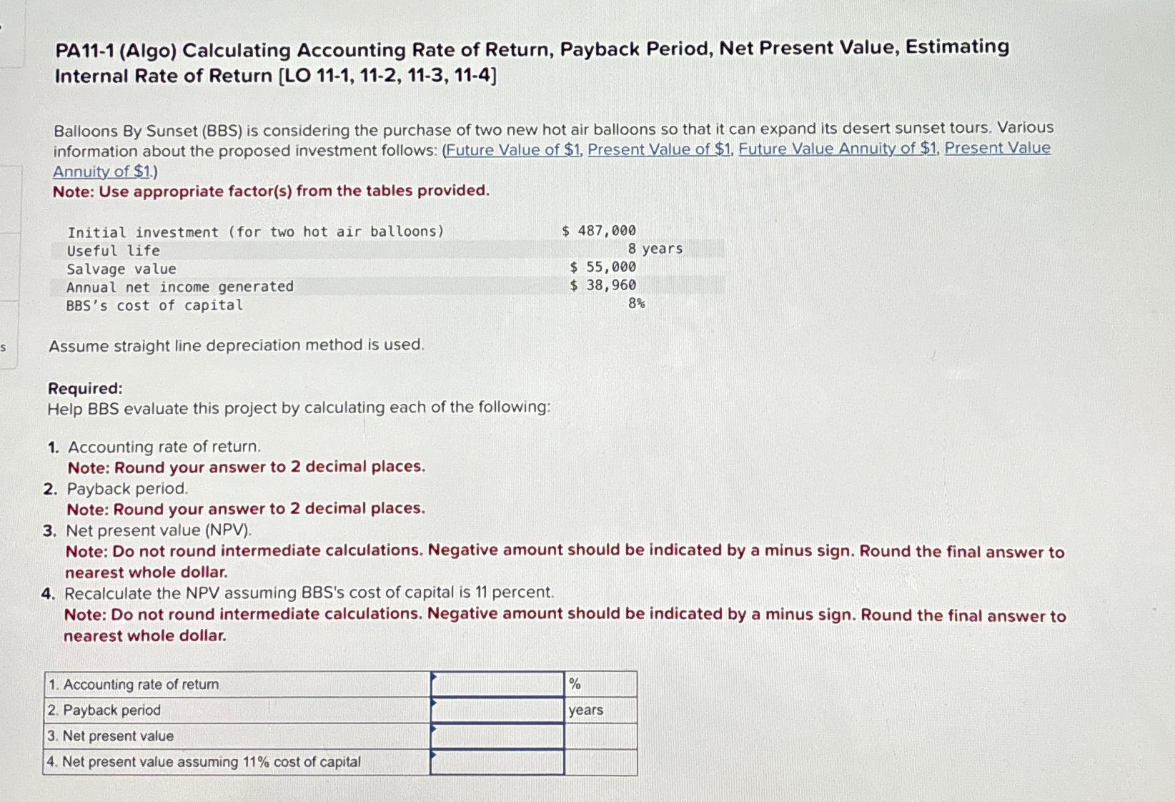 Solved PA11-1 (Algo) ﻿Calculating Accounting Rate of Return, | Chegg.com