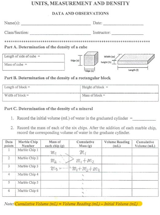 UNITS, MEASUREMENT AND DENSITY DATA AND OBSERVATIONS | Chegg.com