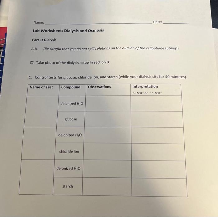 Name: Date: Lab Worksheet: Dialysis and Osmosis Part | Chegg.com