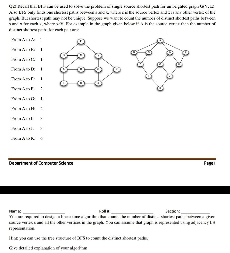 Solved Q2 Recall That Bfs Can Be Used To Solve The Problem