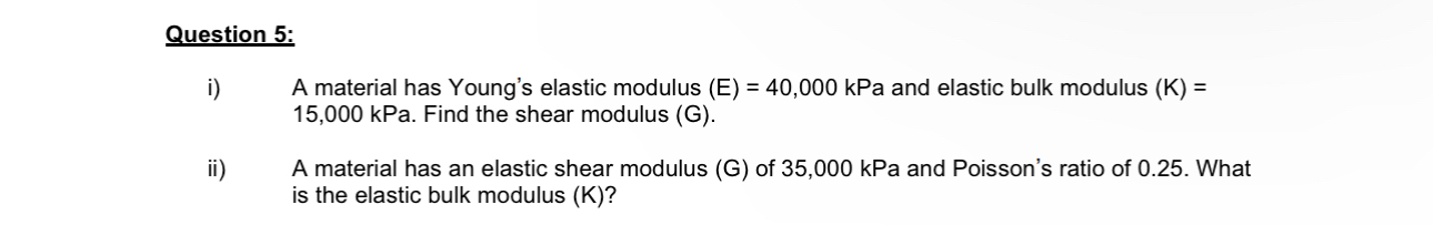 Solved Question 5:i) ﻿A material has Young's elastic modulus | Chegg.com