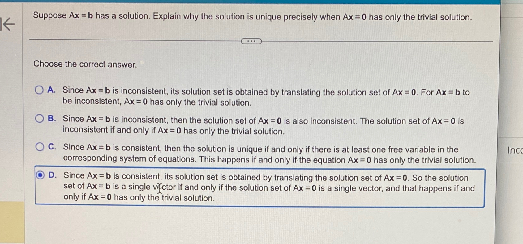 Solved Suppose Ax=b ﻿has a solution. Explain why the | Chegg.com