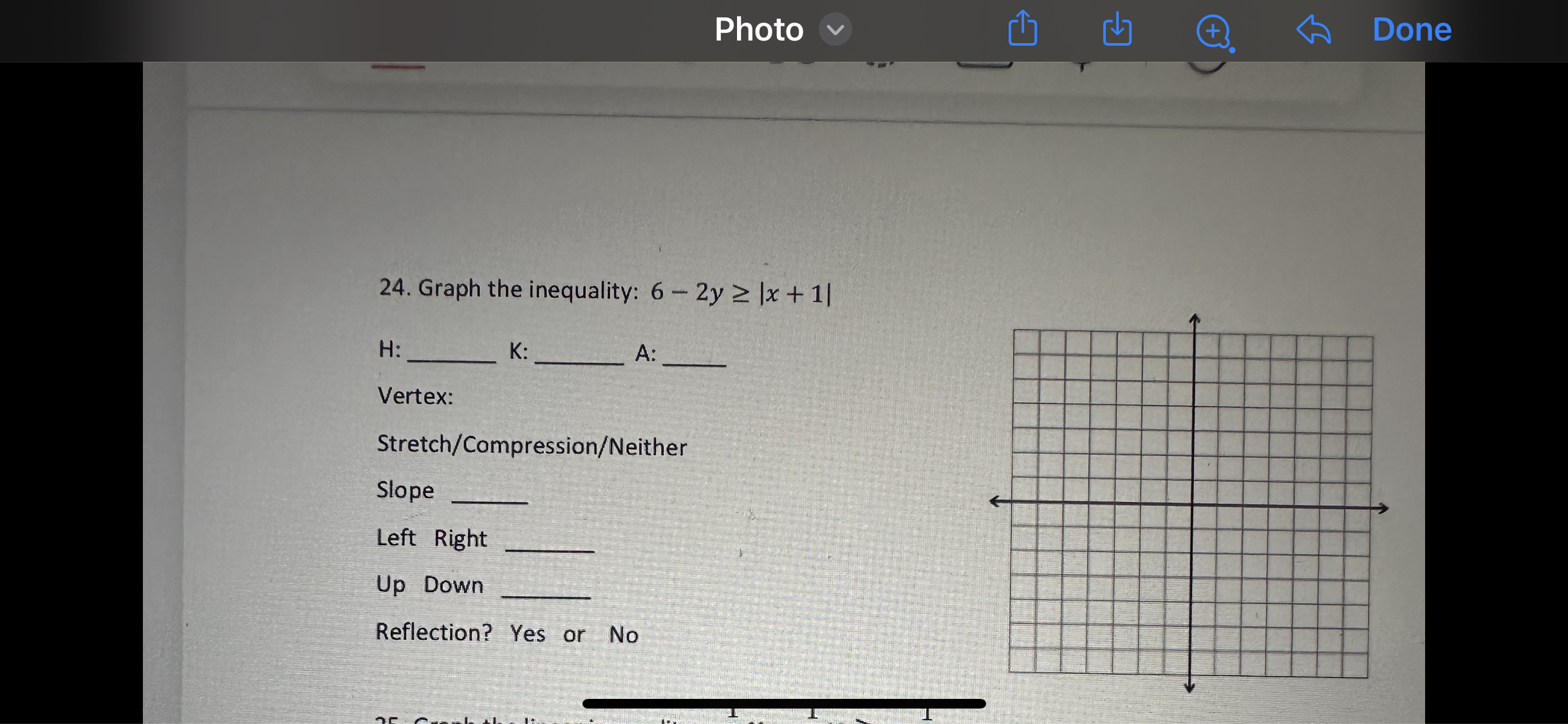 Solved PhotoDone24. ﻿Graph the inequality: 6-2y≥|x+1|H ﻿: | Chegg.com