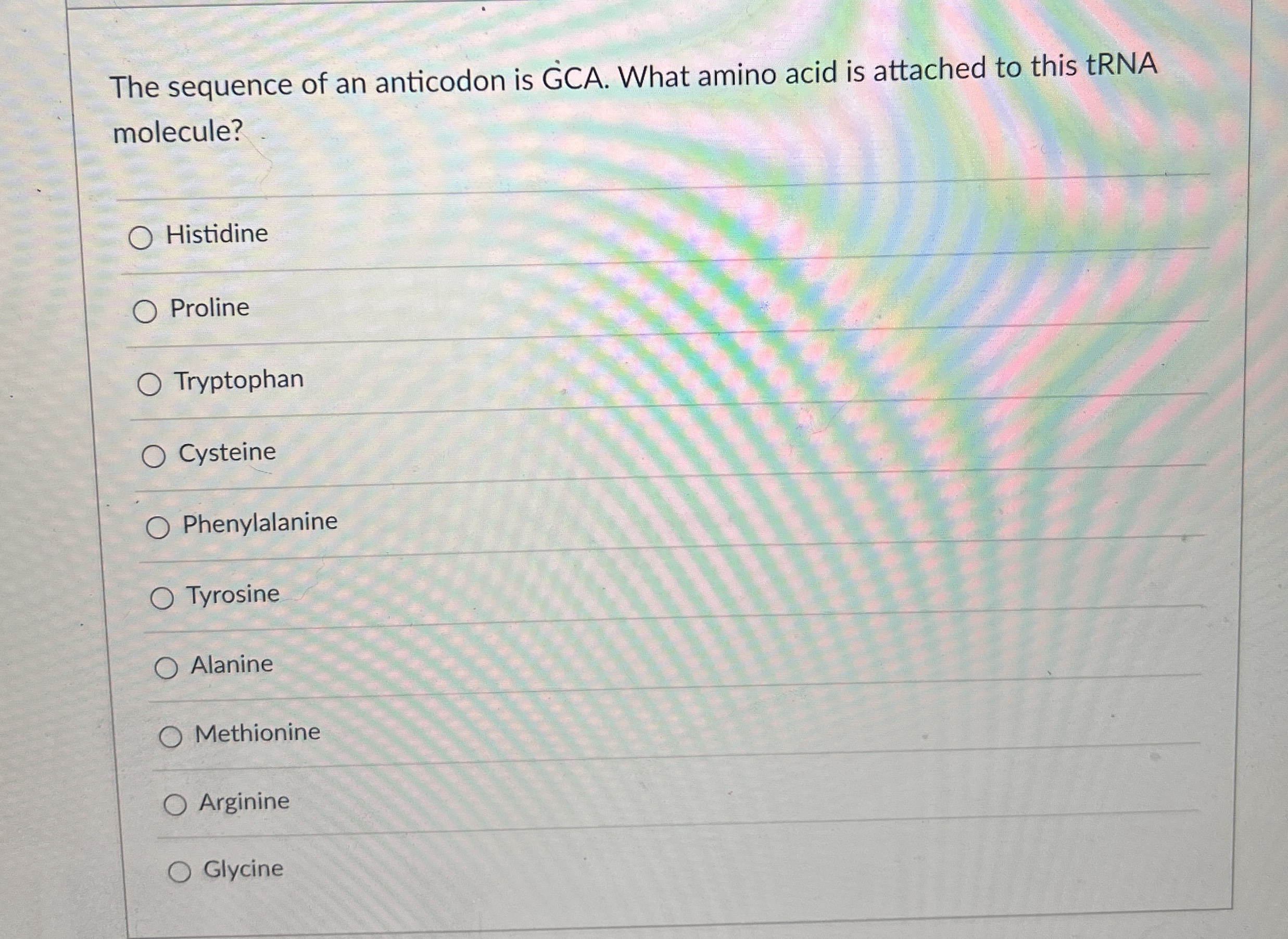 Solved The sequence of an anticodon is GCA. What amino acid | Chegg.com