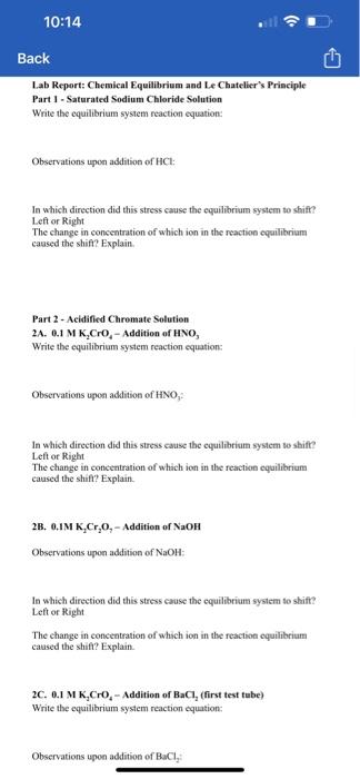 Solved Lab Report: Chemical Equilibrium and Le Chatelier's | Chegg.com