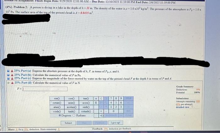 Solved 4\%) Problem 2: A person is diving in a lake in the | Chegg.com