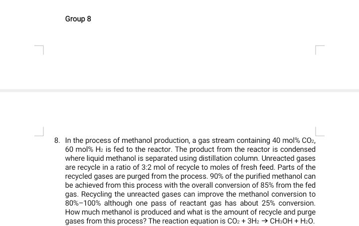 Solved Group 8In the process of methanol production, a gas | Chegg.com