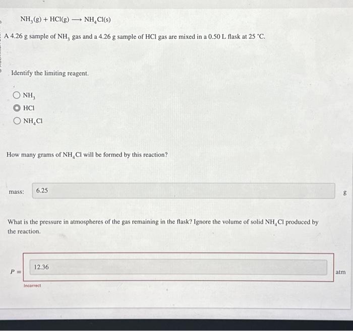 NH3( g)+HCl(g) NH4Cl(s) A 4.26 g sample of NH3 gas | Chegg.com