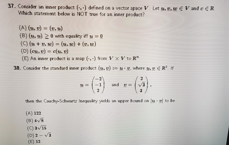 Solved 37. Consider an inner product (,) defined on a vector | Chegg.com
