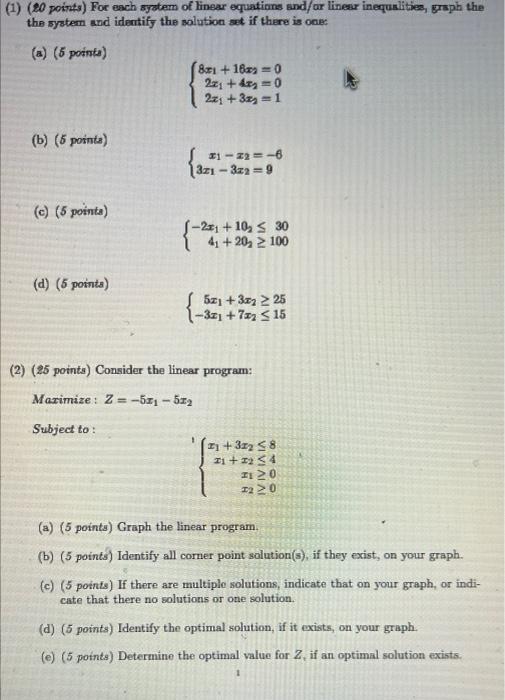 Solved (1) ( 20 points) For each system of linear equations | Chegg.com