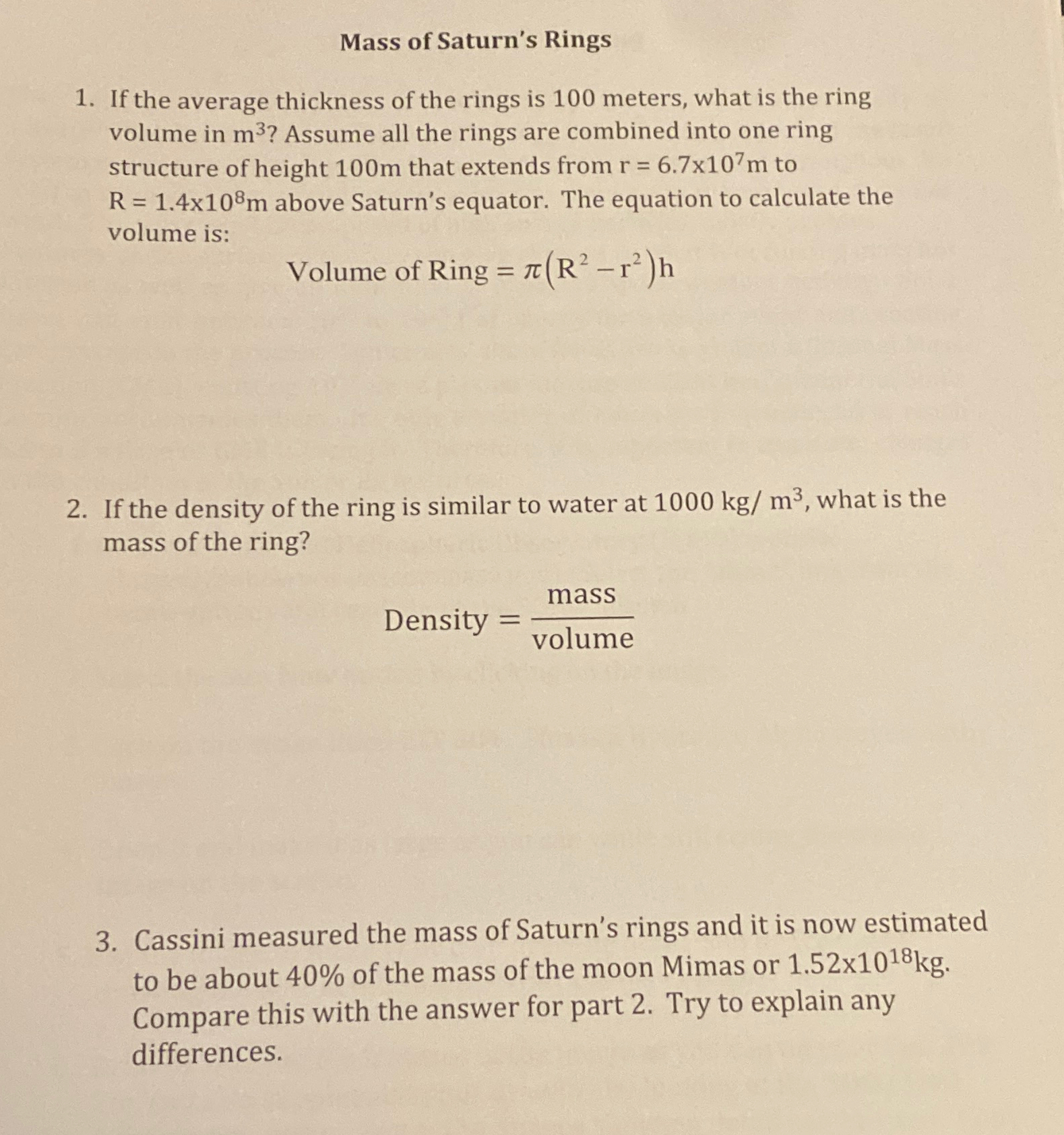 Mass of Saturn's RingsIf the average thickness of the | Chegg.com