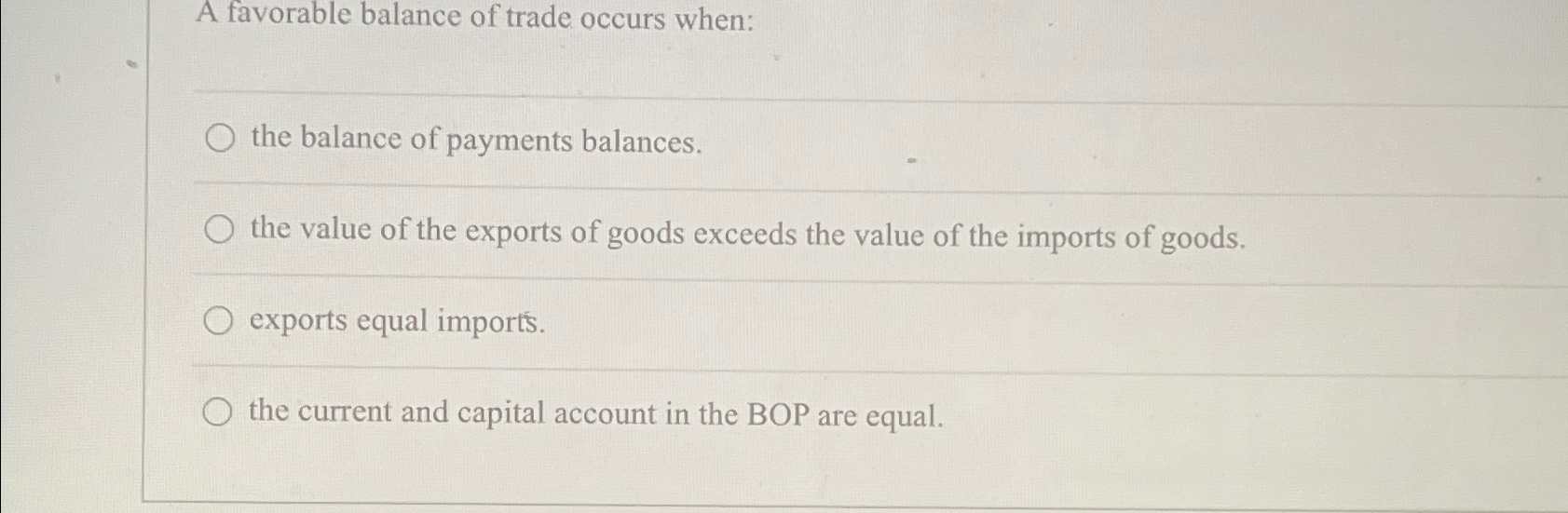 Solved A favorable balance of trade occurs when:the balance | Chegg.com
