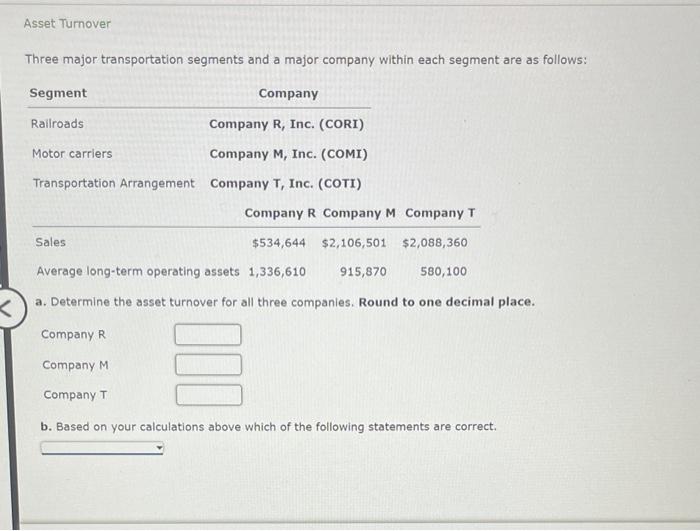 Solved Asset Turnover Three major transportation segments | Chegg.com