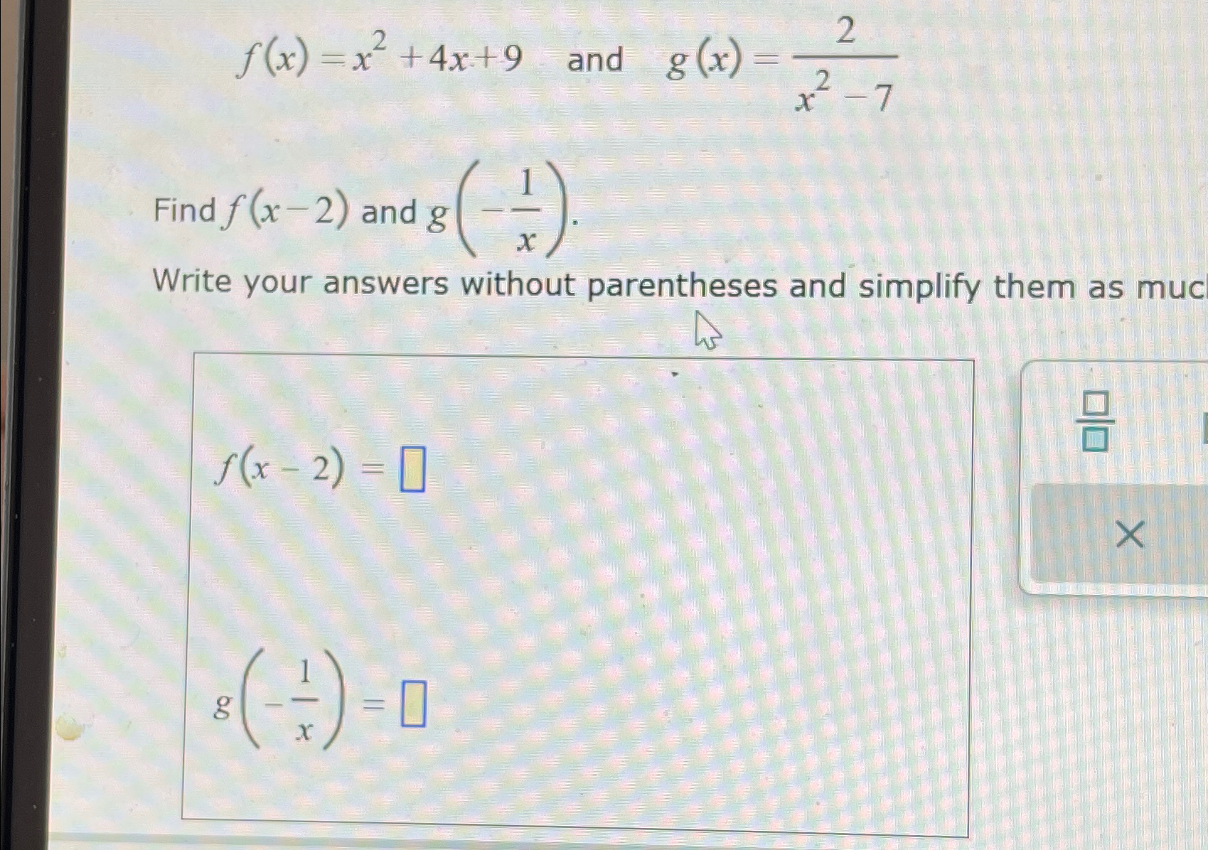 Solved f(x)=x2+4x+9 ﻿and g(x)=2x2-7Find f(x-2) ﻿and | Chegg.com