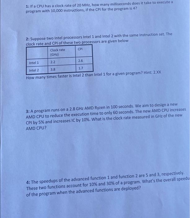 1: If a CPU has a clock rate of 20MHz, how many | Chegg.com