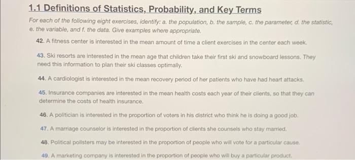 Solved 1.1 Definitions of Statistics, Probability, and Key | Chegg.com