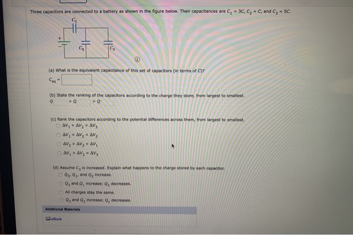 Solved Three capacitors are connected to a battery as shown | Chegg.com
