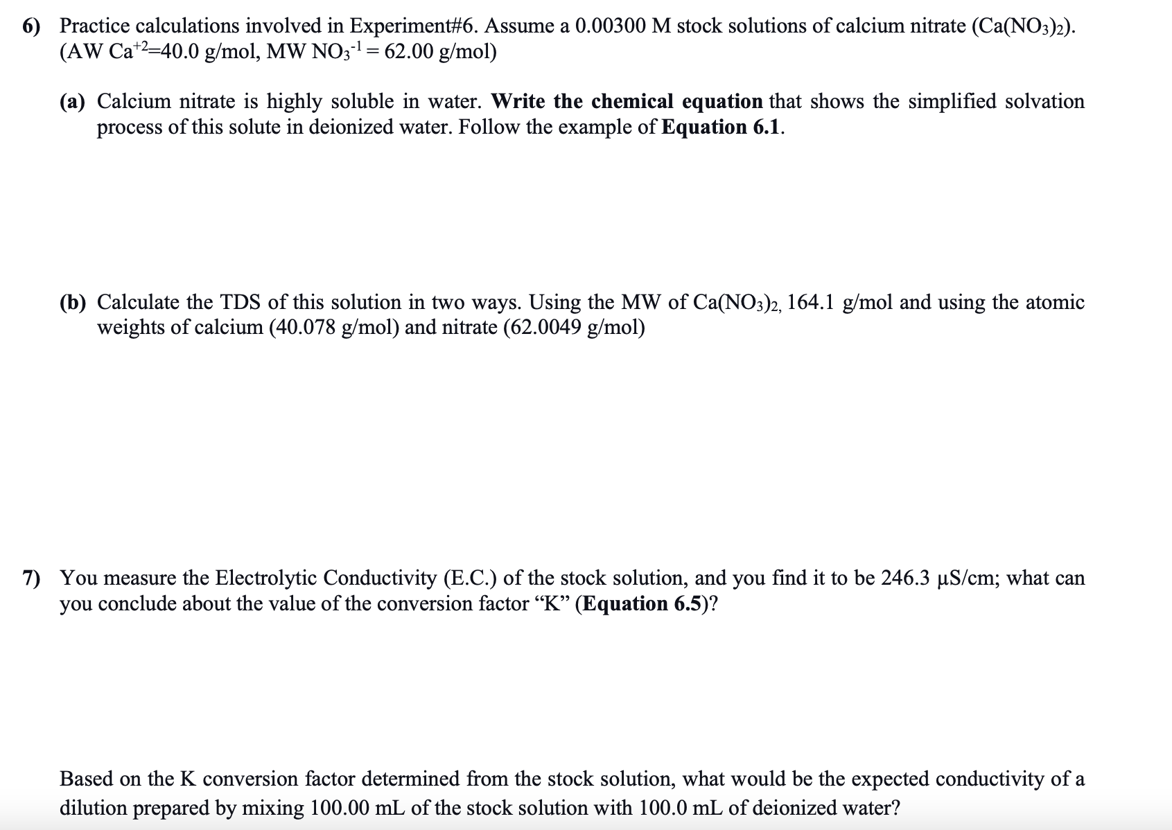 Solved Practice calculations involved in Experiment#6. | Chegg.com