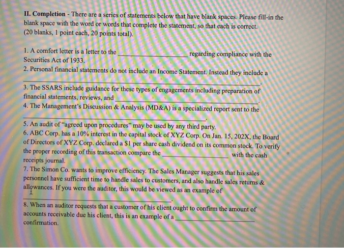 Solved II. Completion - There are a series of statements | Chegg.com