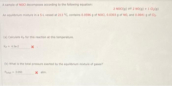 Solved A sample of NOCl decomposes according to the | Chegg.com