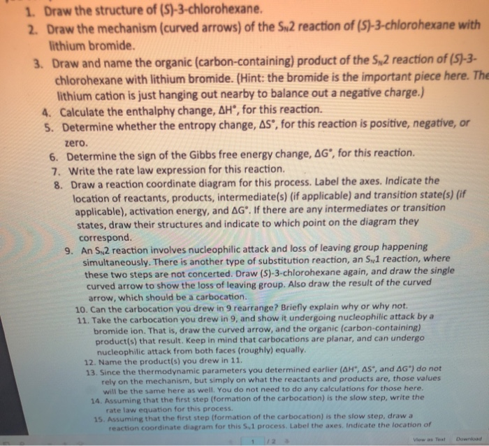 Solved 1. Draw the structure of (S)-3-chlorohexane. 2. Draw | Chegg.com