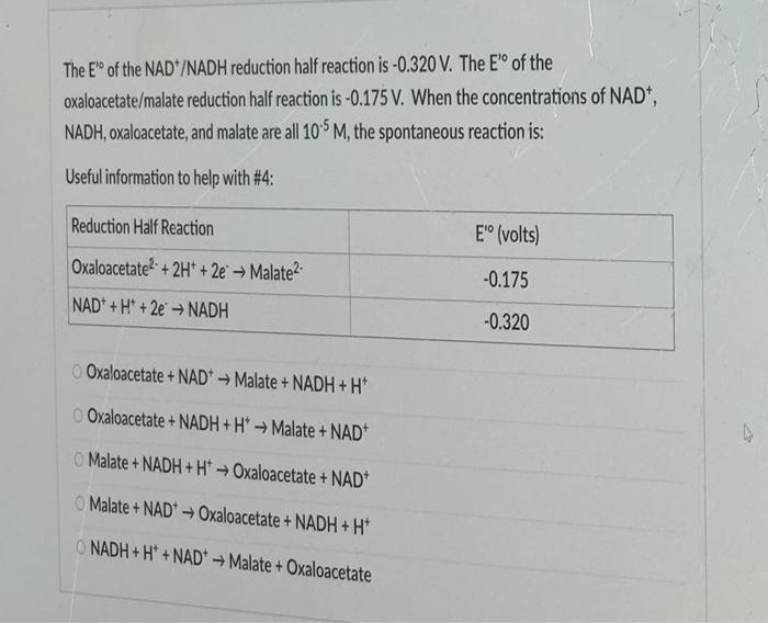 Solved The E' of the NAD+/NADH reduction half reaction is | Chegg.com