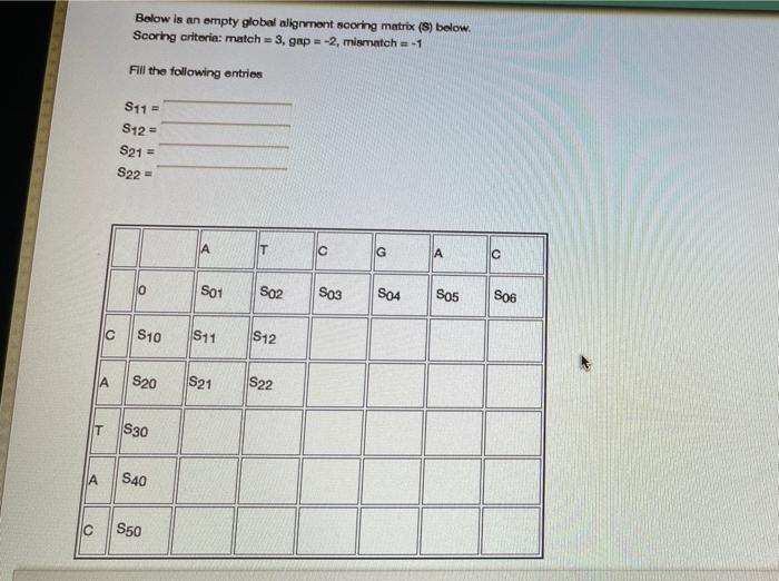 Solved Below is an empty global alignment scoring matrix (8) | Chegg.com