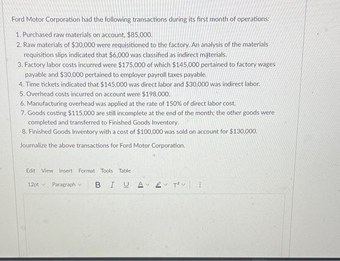 Solved Ford Motor Corporation had the following transactions | Chegg.com