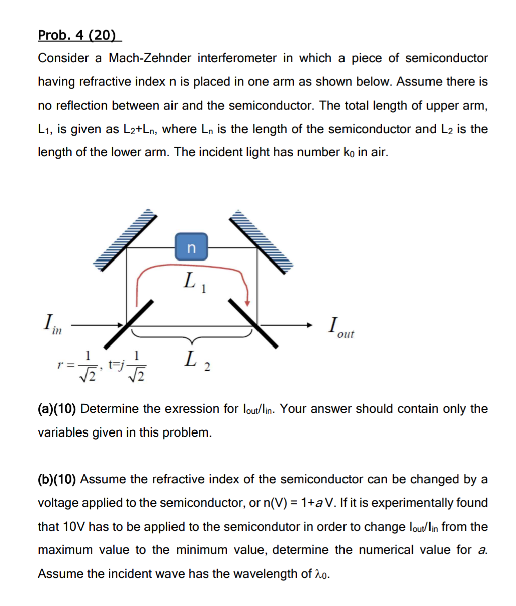 Solved Prob. 4 (20)Consider a Mach-Zehnder interferometer in | Chegg.com